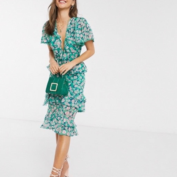 Dark Pink | Dresses | Dark Pink Puff Sleeve Ruffle Midi Dress In Blue ...